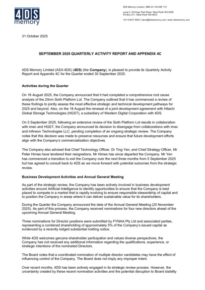 ASX:4DS - September 2025 Quarterly Activity Report and Appendix 4C