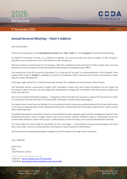 ASX:COD - Annual General Meeting - Chair's Address