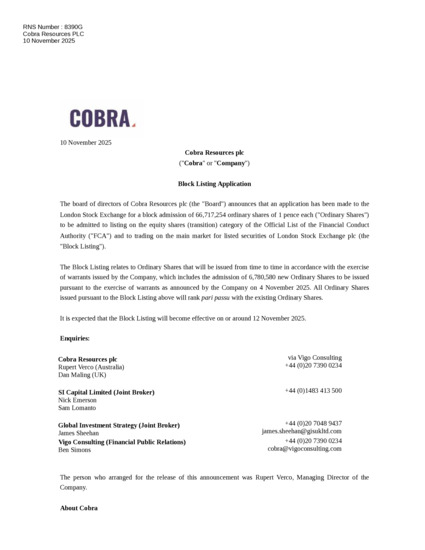 LSE:COBR - Cobra Resources PLC - Block Listing Application