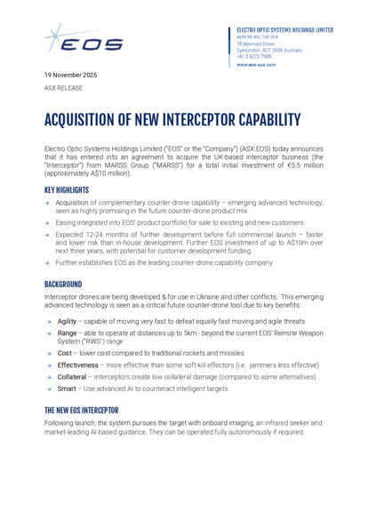 ASX:EOS - Acquisition of New Interceptor Capability