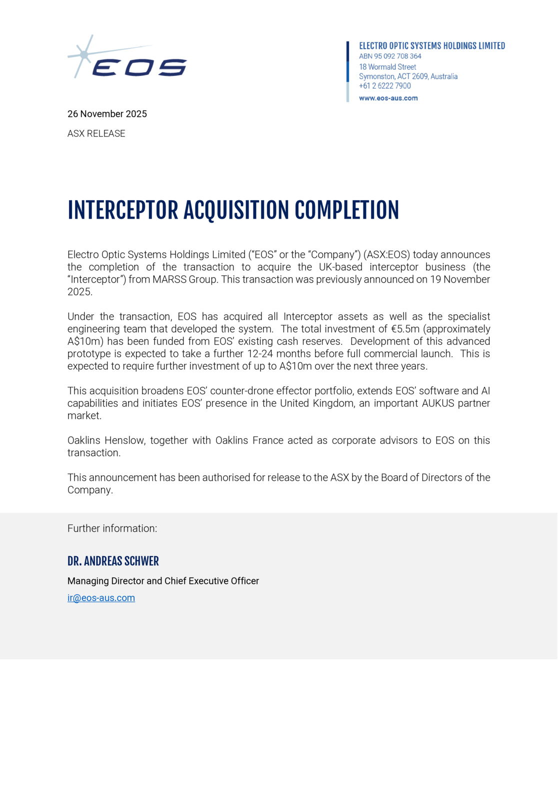 ASX:EOS - Interceptor Acquisition Completion