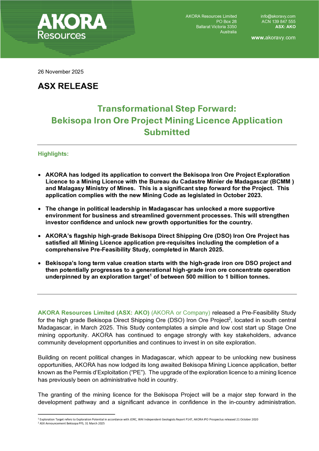 ASX:AKO - Bekisopa Mining Permit Application Submitted