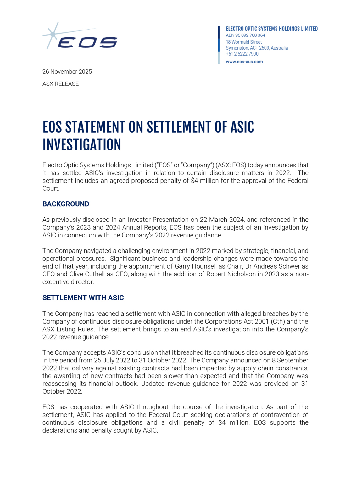 ASX:EOS - EOS Statement on Settlement of ASIC Investigation