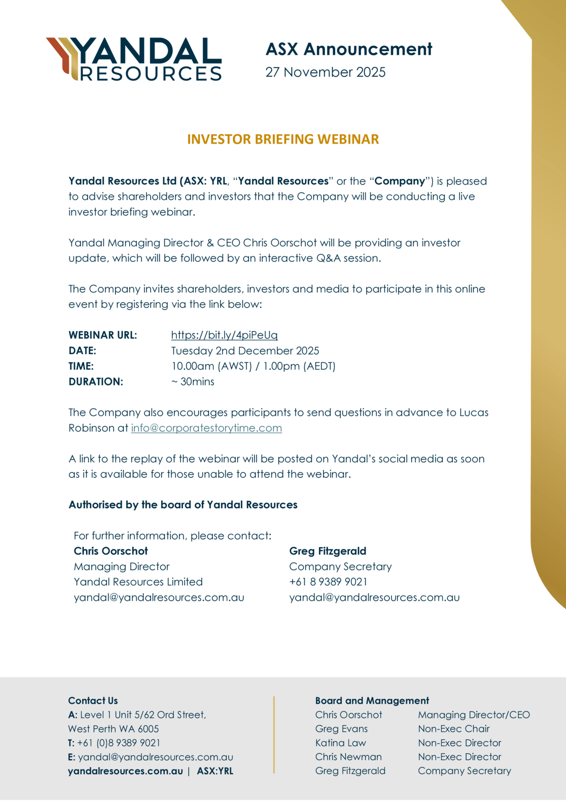 ASX:YRL - Investor Briefing Webinar