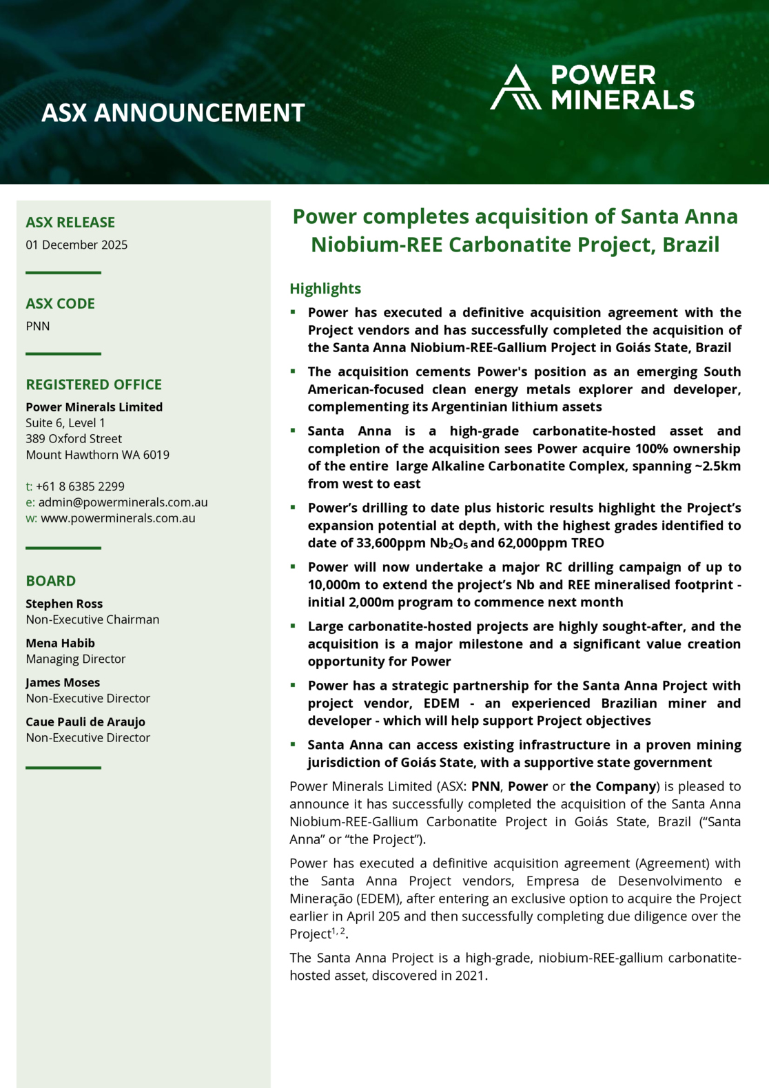 ASX:PNN - Power completes acquisition of Santa Anna Project, Brazil