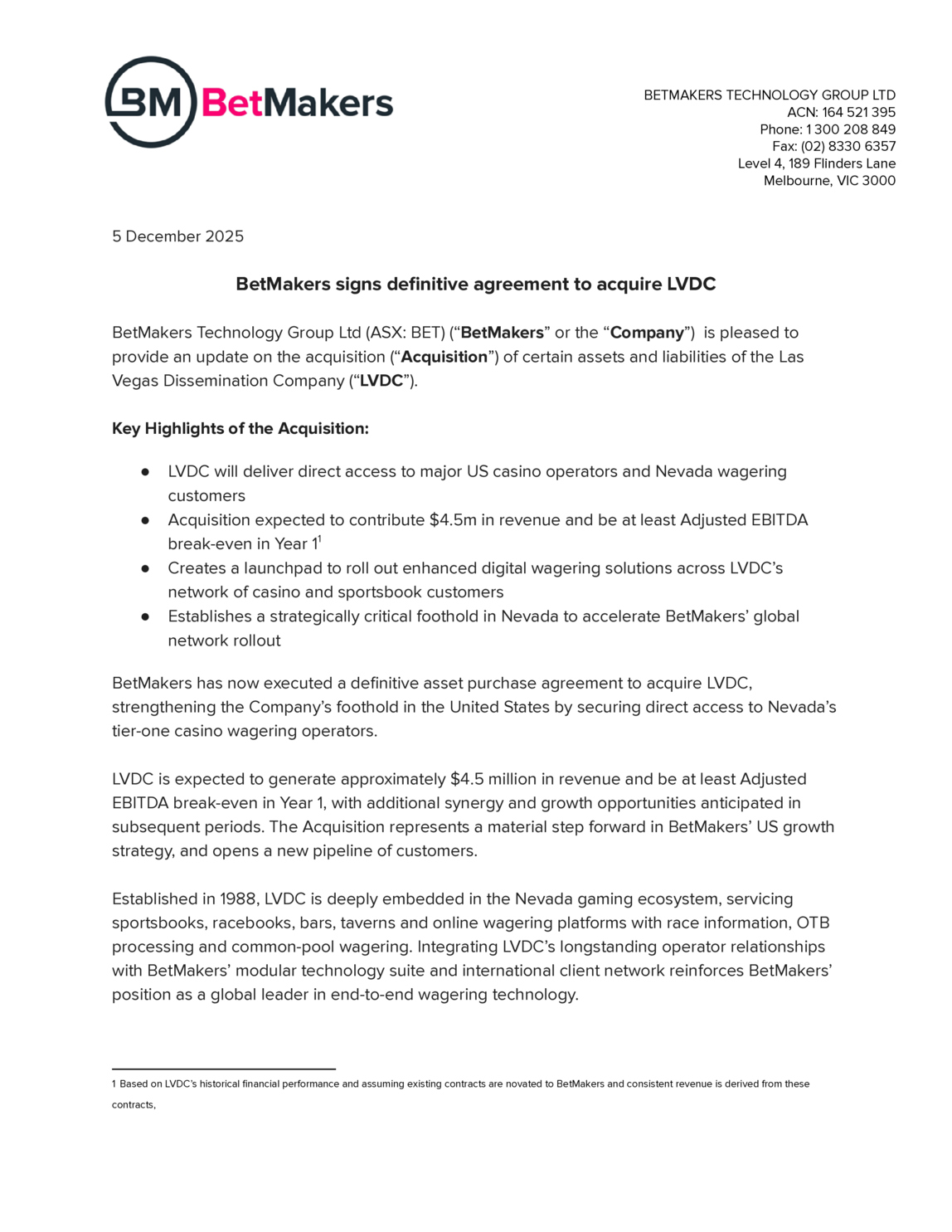 ASX:BET - BetMakers signs definitive agreement to acquire LVDC