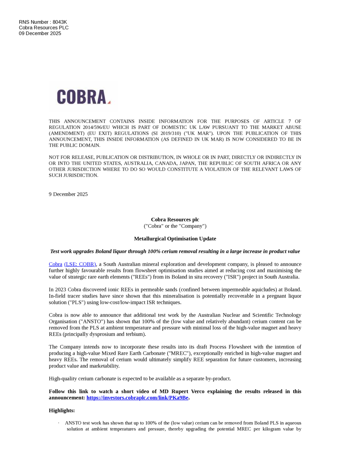 LSE:COBR - Cobra Resources PLC - Metallurgical Optimisation Update