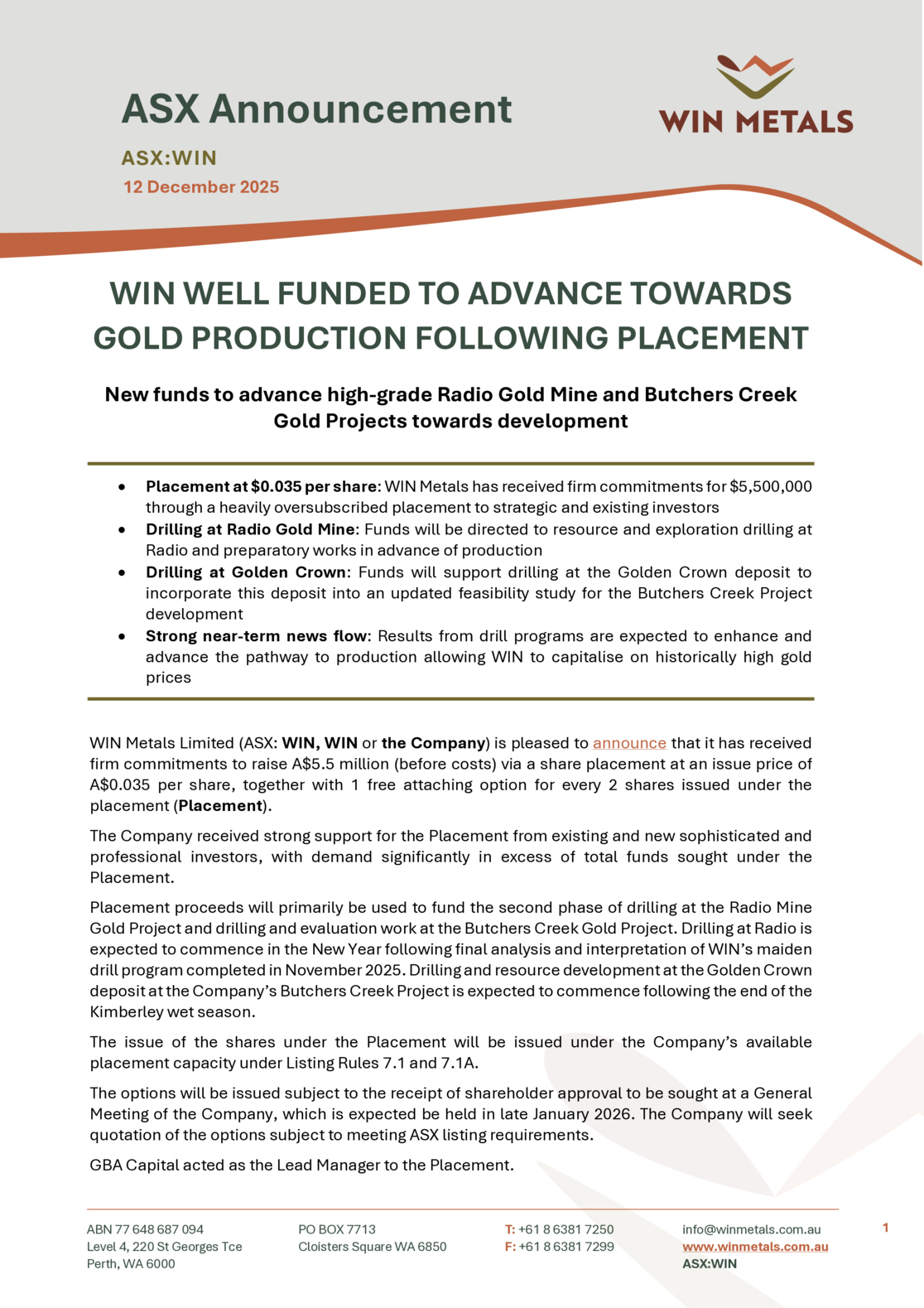 ASX:WIN - WIN Well Funded Towards Gold Production Following Placement