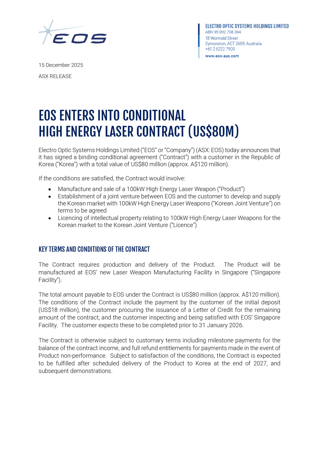 ASX:EOS - EOS enters US$80m Conditional High Energy Laser Contract