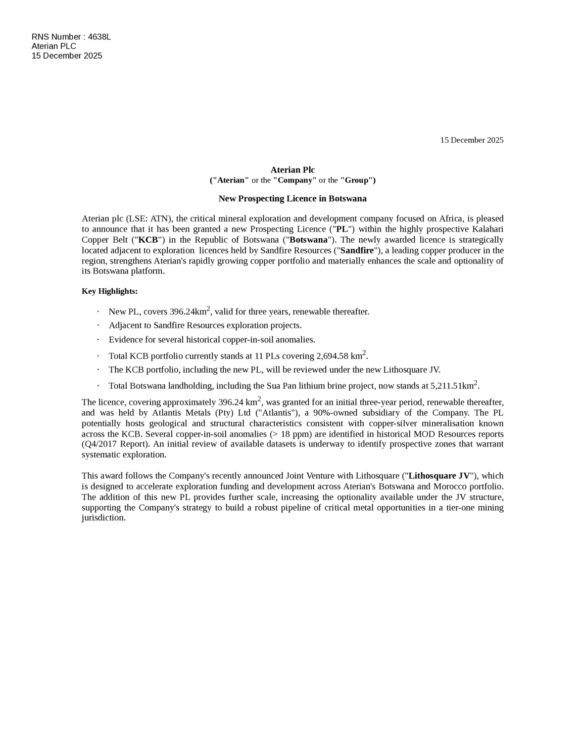 LSE:ATN - Aterian PLC - New Prospecting Licence in Botswana