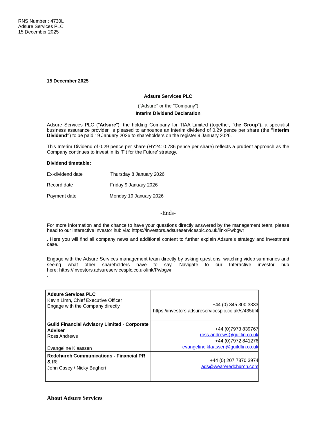 AQSE:ADS - Adsure Services PLC - Interim Dividend Declaration