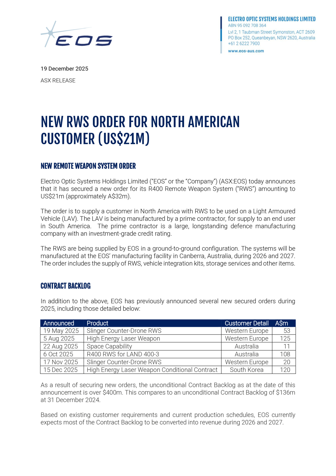 ASX:EOS - New RWS Order for North American Customer valued at US$21m