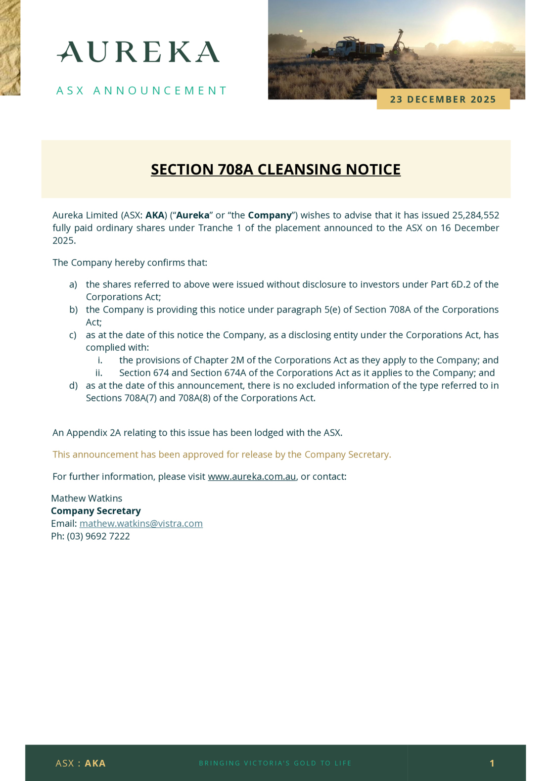 ASX:AKA - Section 708A Cleansing Statement