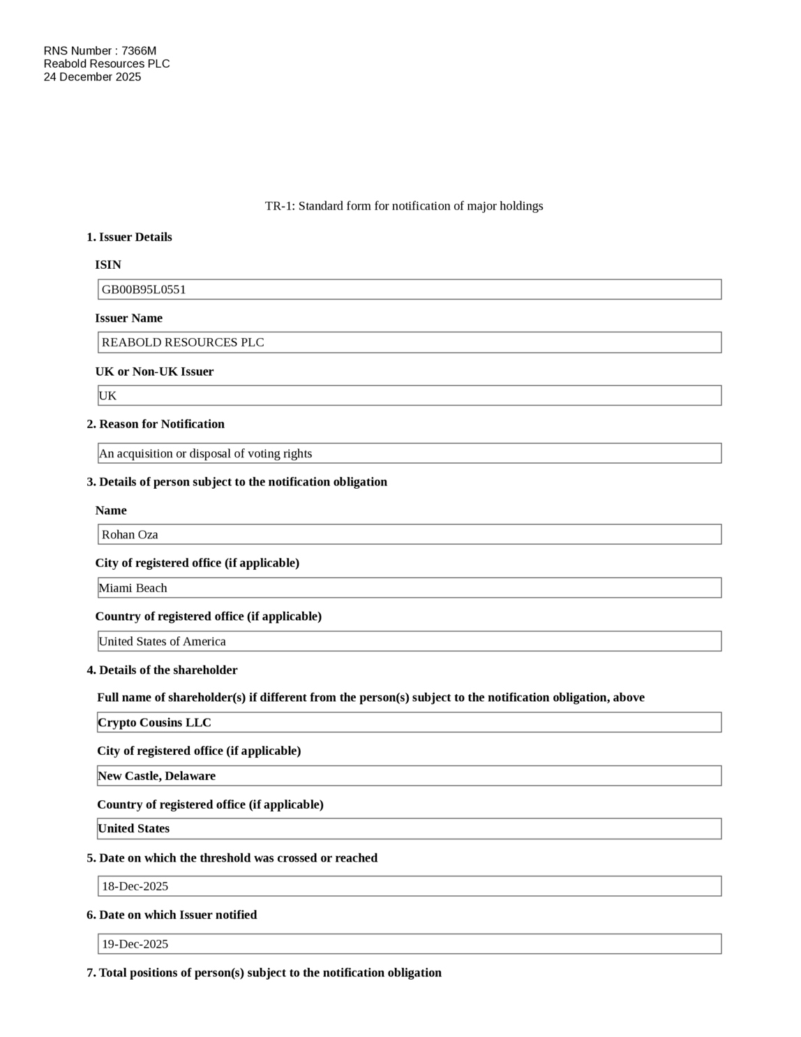 LSE:RBD - Reabold Resources - Standard form for notification of major ...
