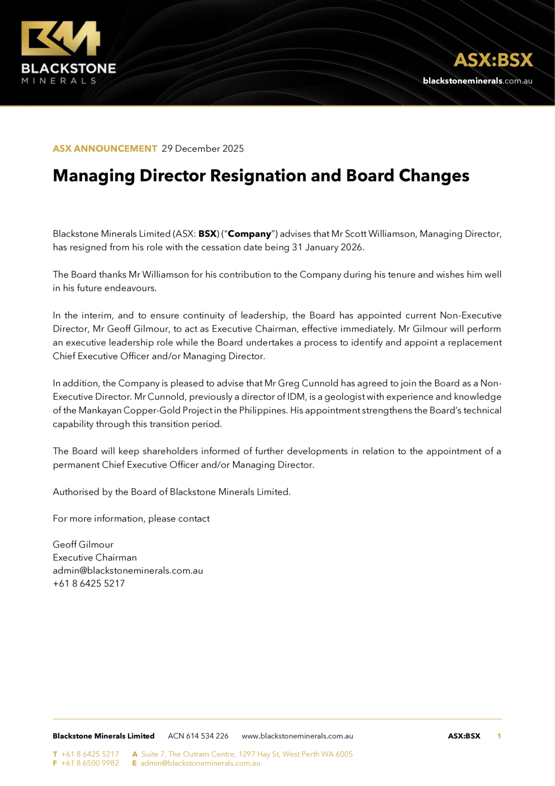 ASX:BSX - Managing Director Resignation and Board Changes