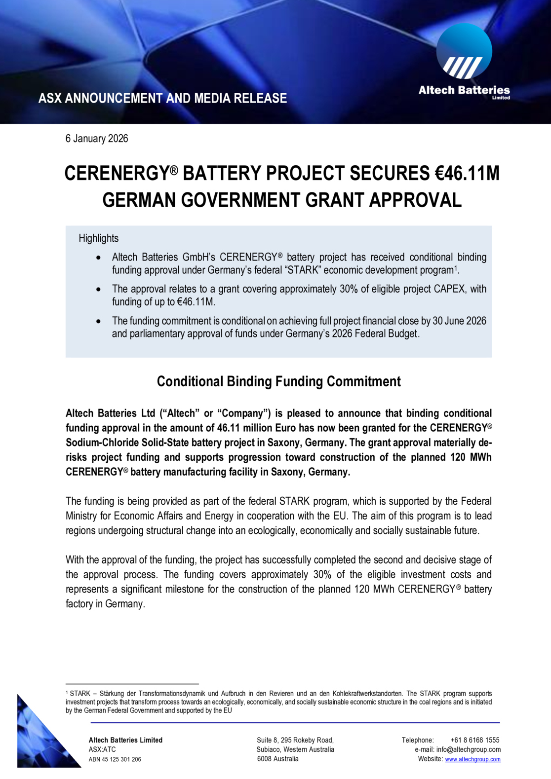 ASX:ATC - Altech - CERENERGY Project Secures German Grant Approval