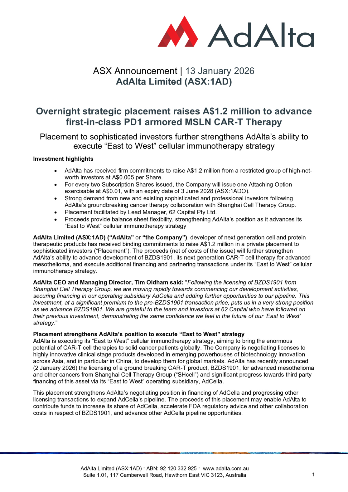 ASX:1AD - Placement raises A$1.2 million