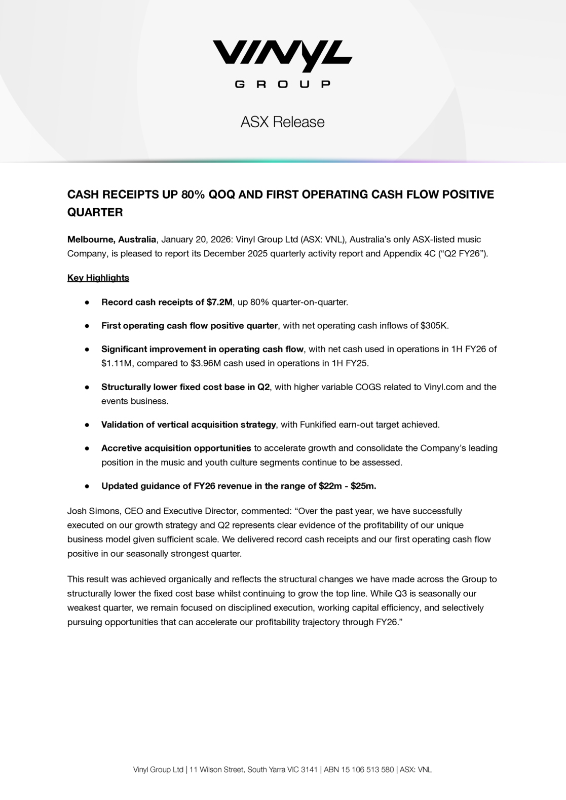 ASX:VNL - Quarterly Activities/Appendix 4C Cash Flow Report