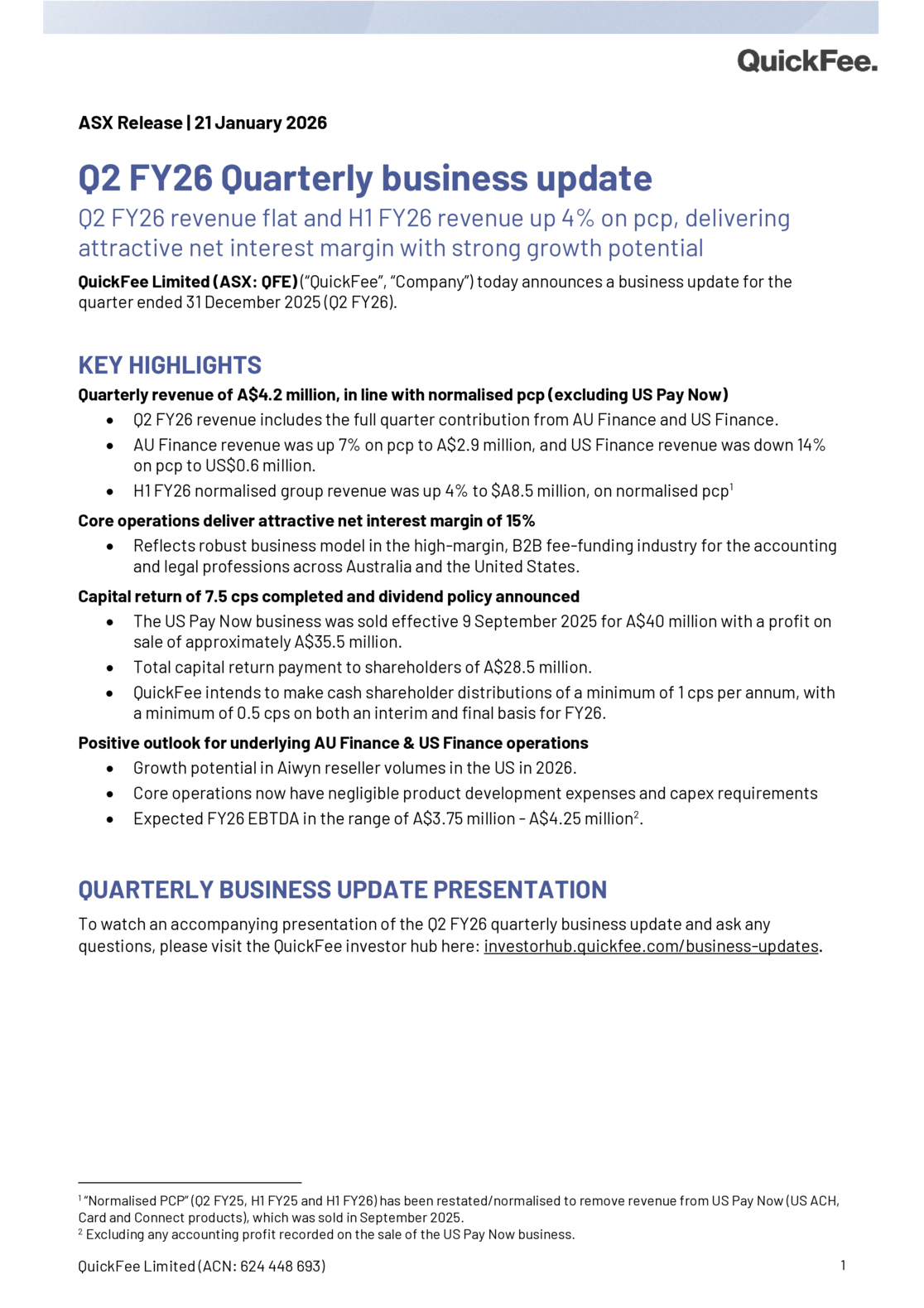 ASX:QFE - QuickFee Q2 FY26 Business Update