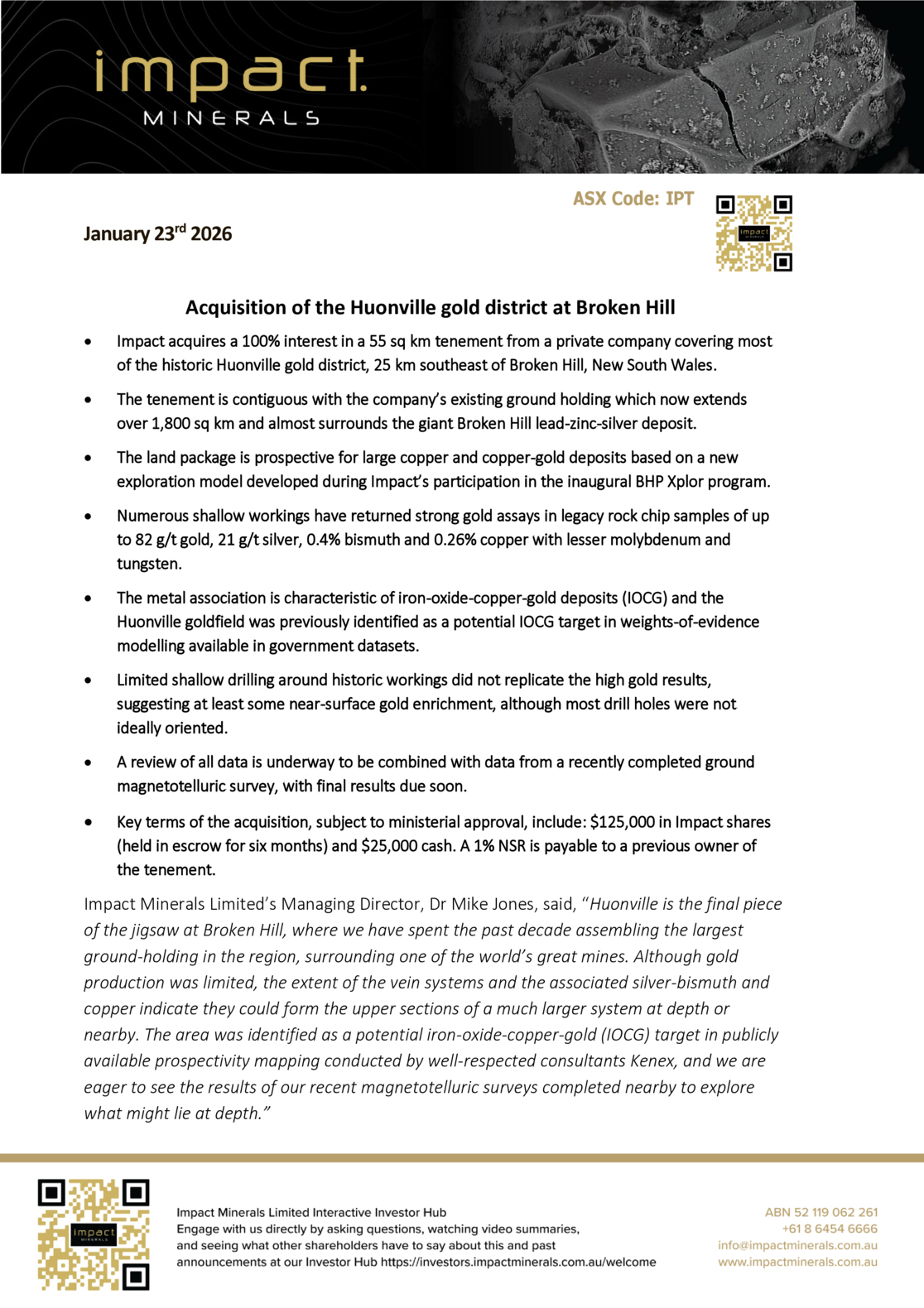 ASX:IPT - Acquisition of the Huonville gold district at Broken Hill