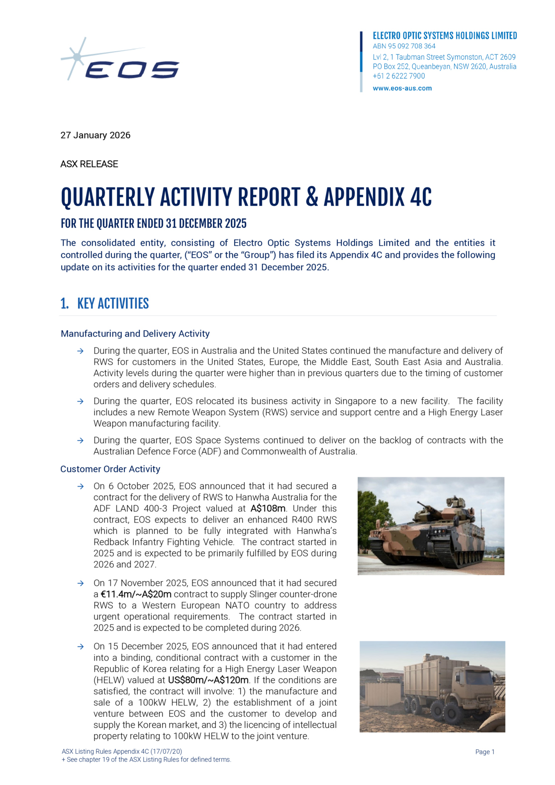 ASX:EOS - Quarterly Activity Report and Appendix 4C - December 2025