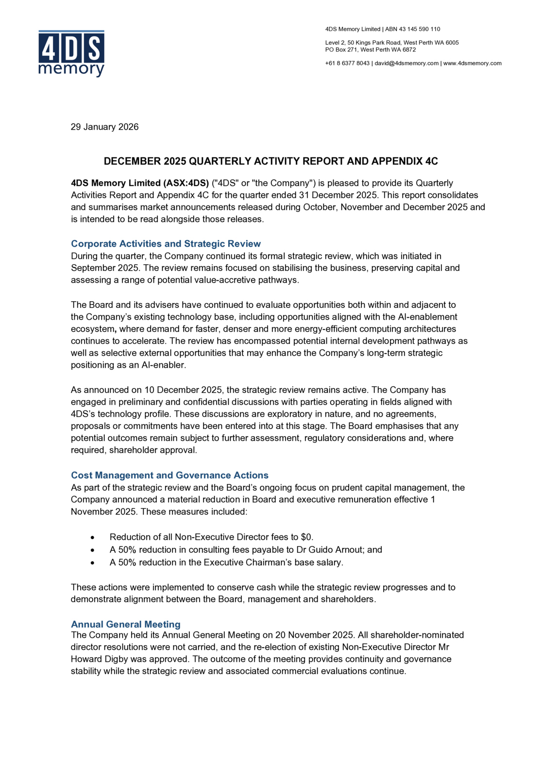 ASX:4DS - December 2025 Quarterly Activity Report and Appendix 4C