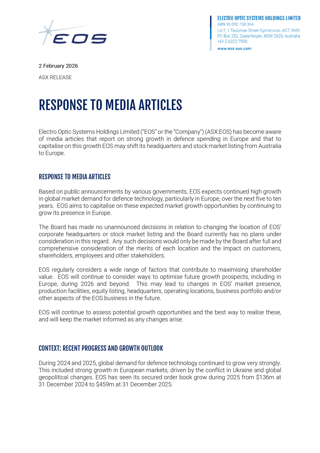 ASX:EOS - Response to Media Articles