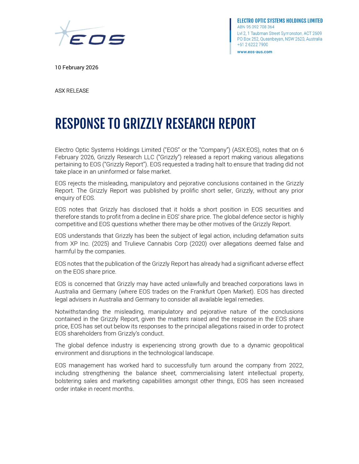 ASX:EOS - Response to Grizzly Research Report