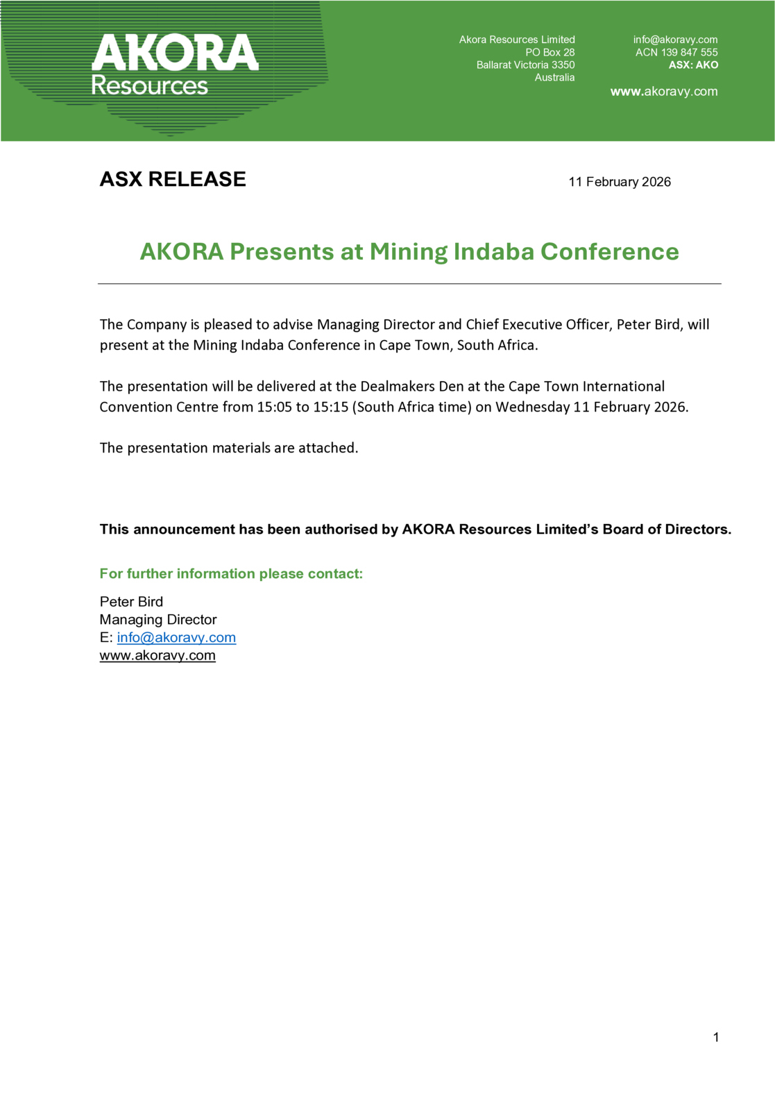 ASX:AKO - AKORA to Present at Mining Indaba