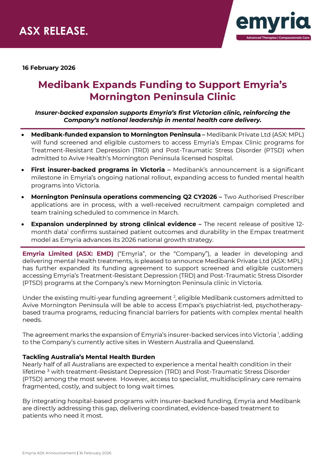 ASX:EMD - Medibank Expands Funding to Emyria's Victorian Clinic