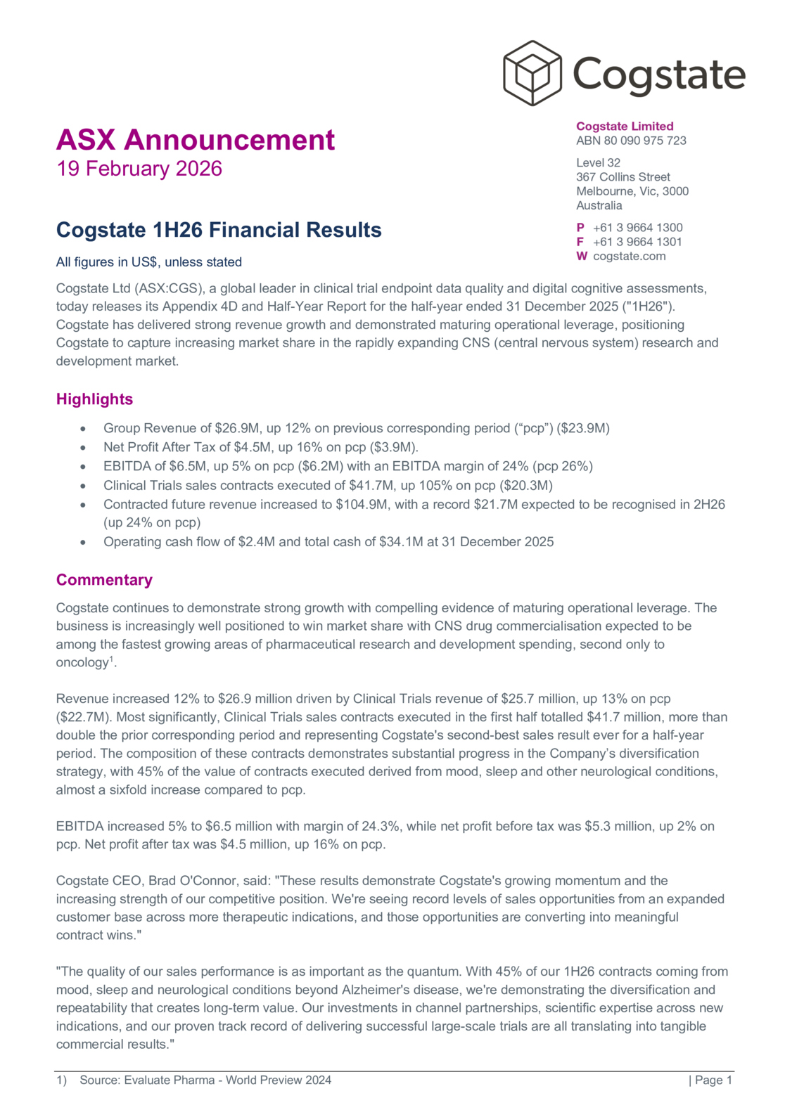 ASX:CGS - Cogstate 1H26 Financial Results