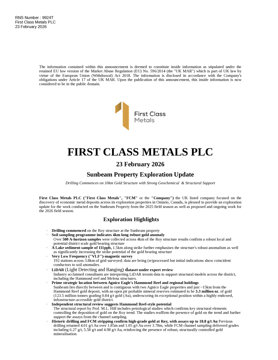 LSE:FCM - First Class Metals - Sunbeam Property Exploration Update