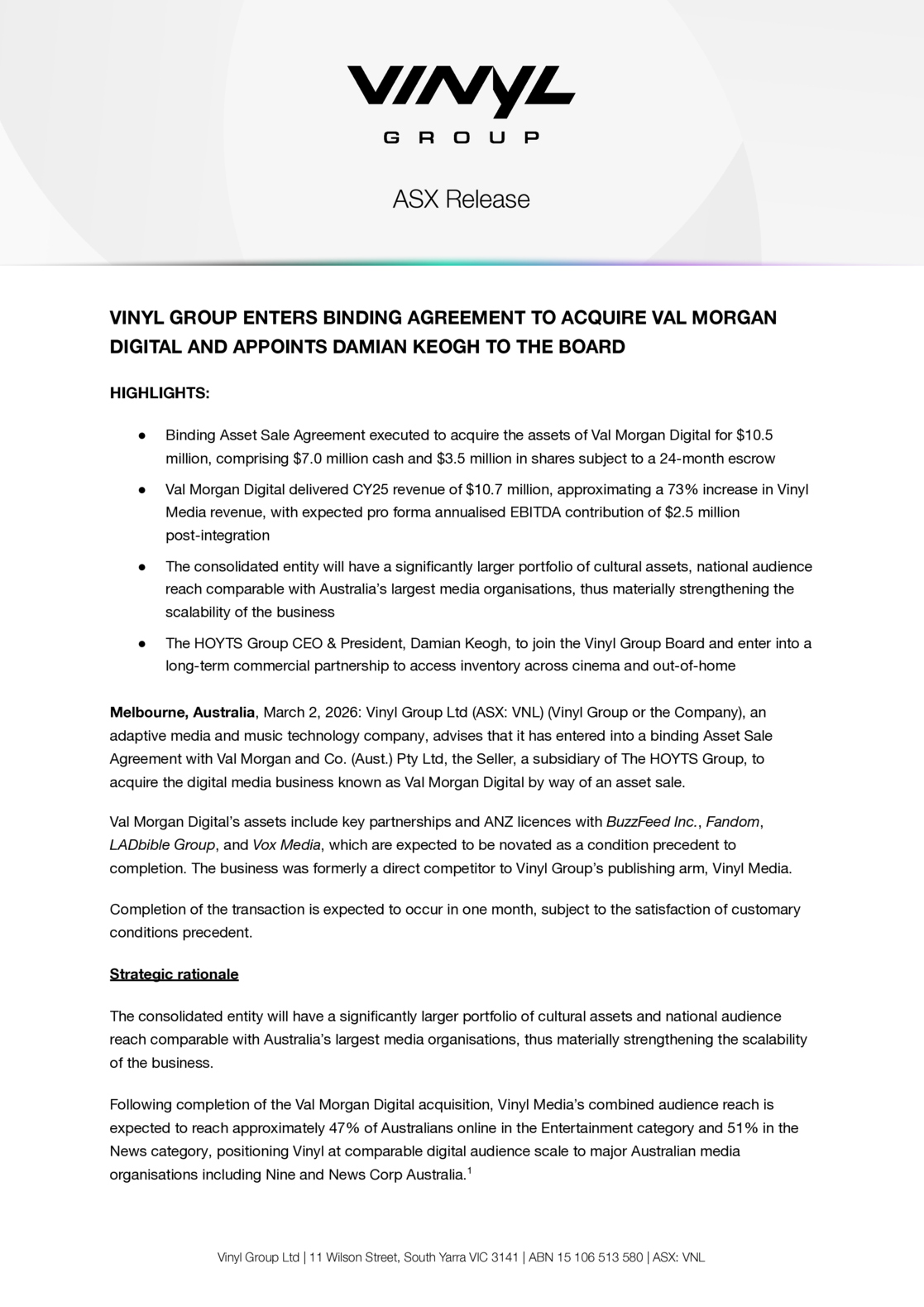 ASX:VNL - VINYL GROUP TO ACQUIRE VAL MORGAN DIGITAL