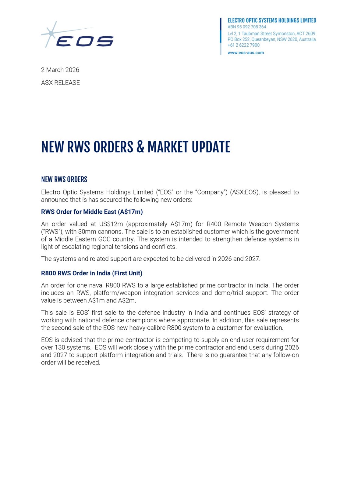 ASX:EOS - New RWS Orders and Market Update