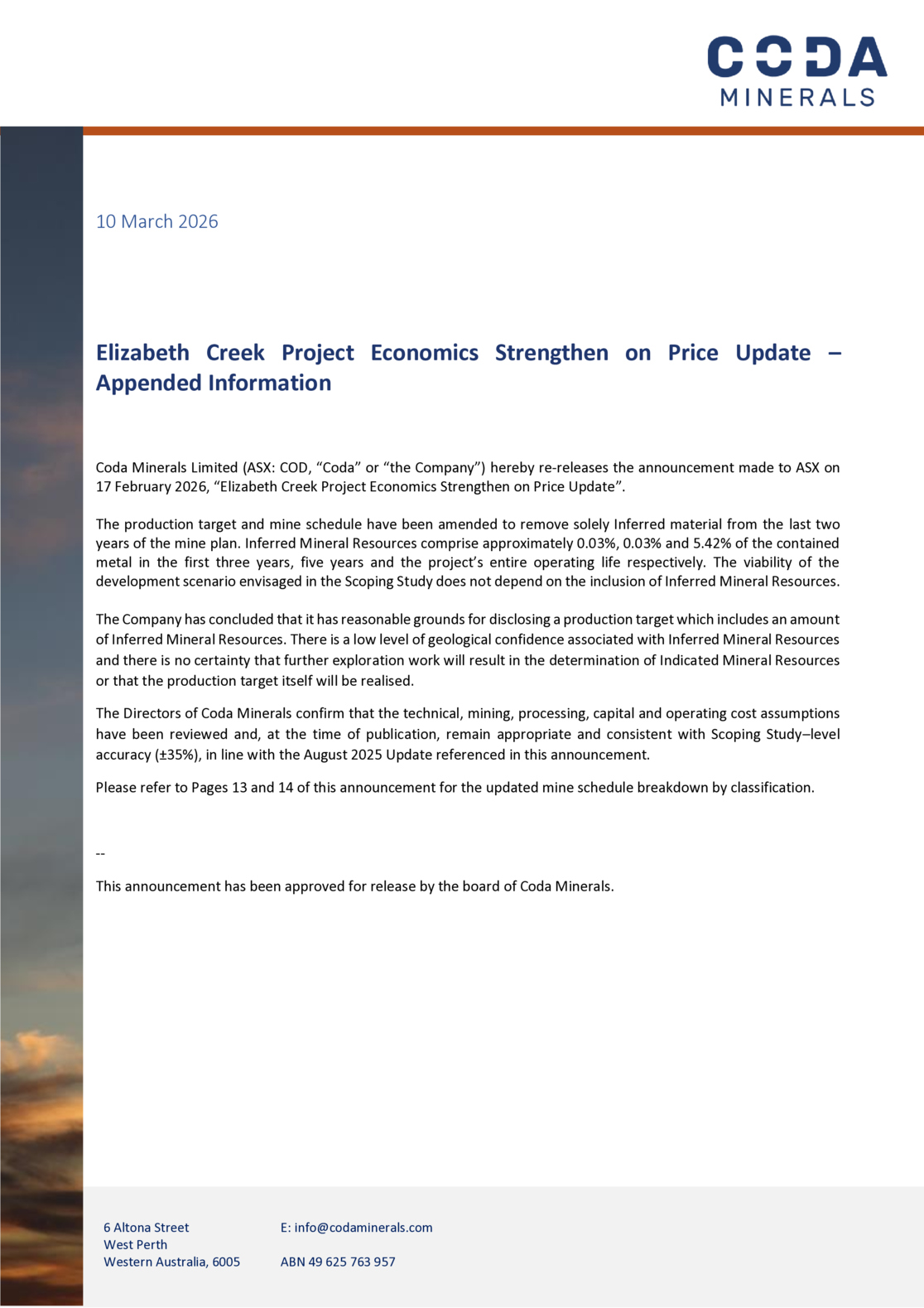 ASX:COD - Elizabeth Creek Project Economics - Additional Information