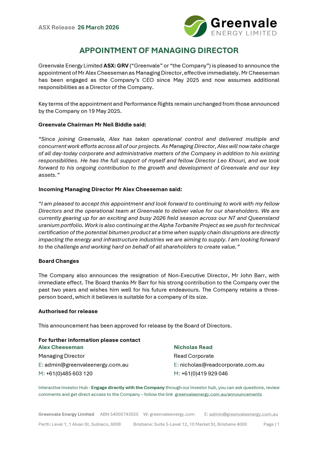 ASX:GRV - Appointment of Managing Director