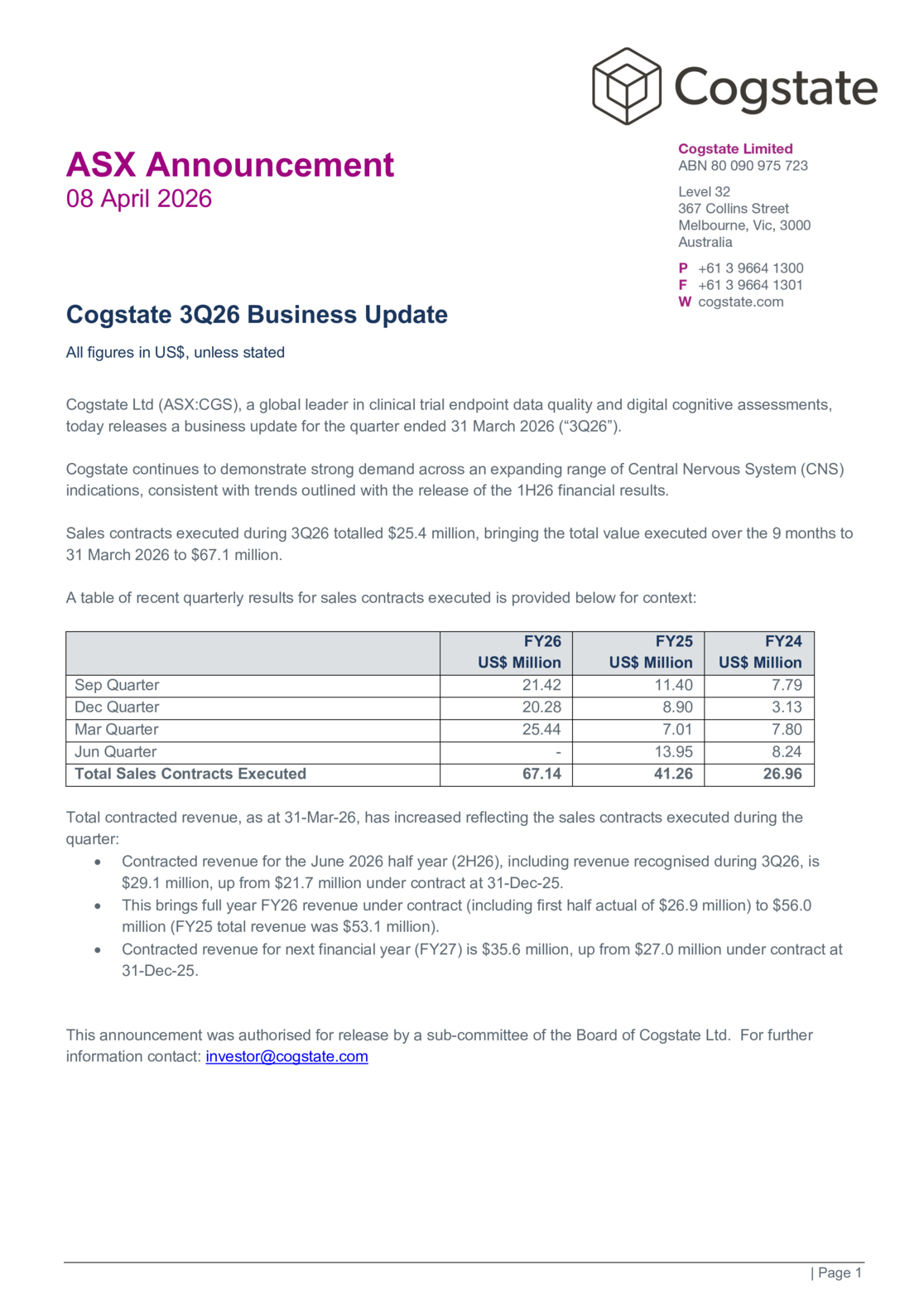 ASX:CGS - Cogstate 3Q26 Business Update