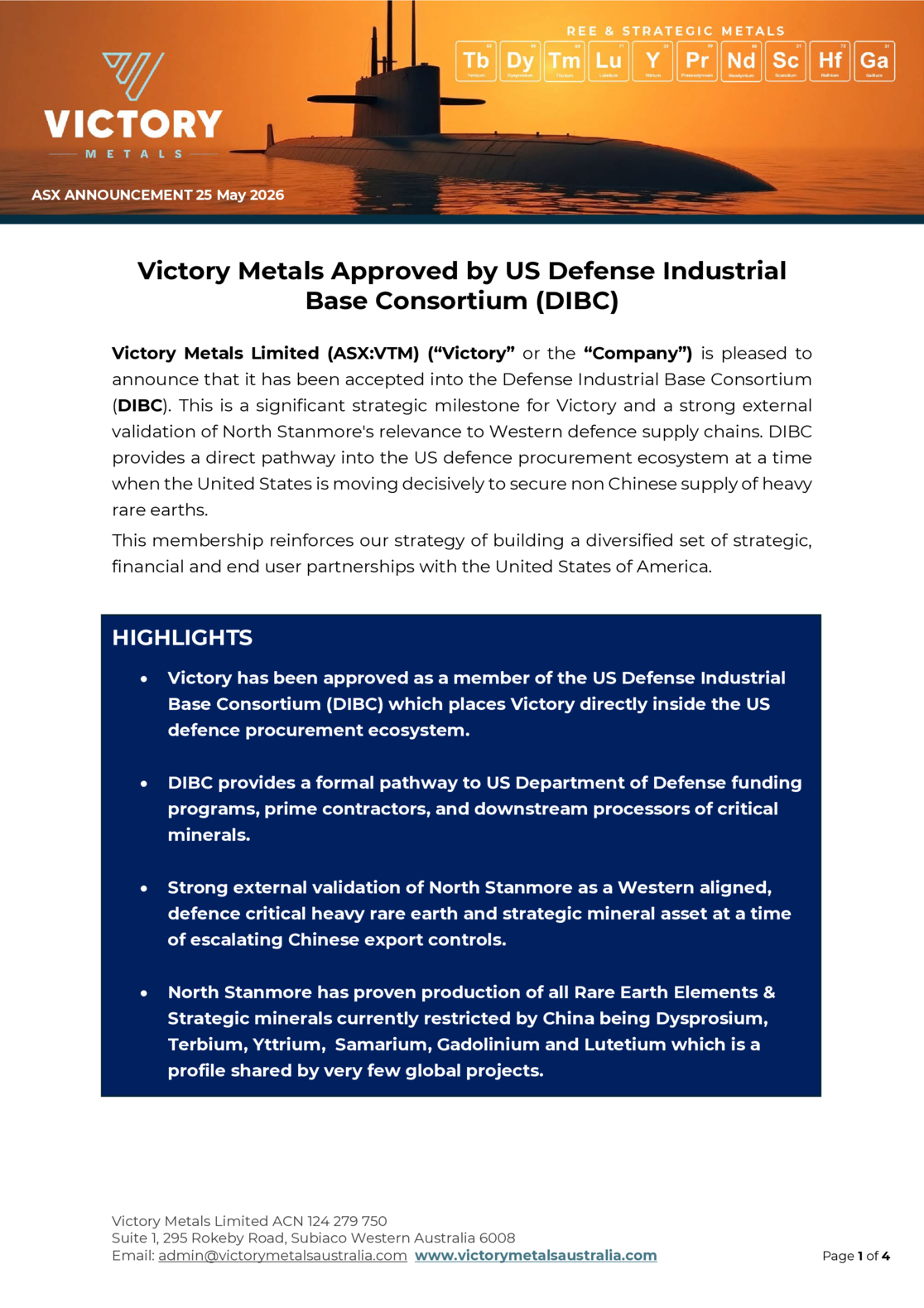 ASX:VTM - Victory Approved by US DIBC