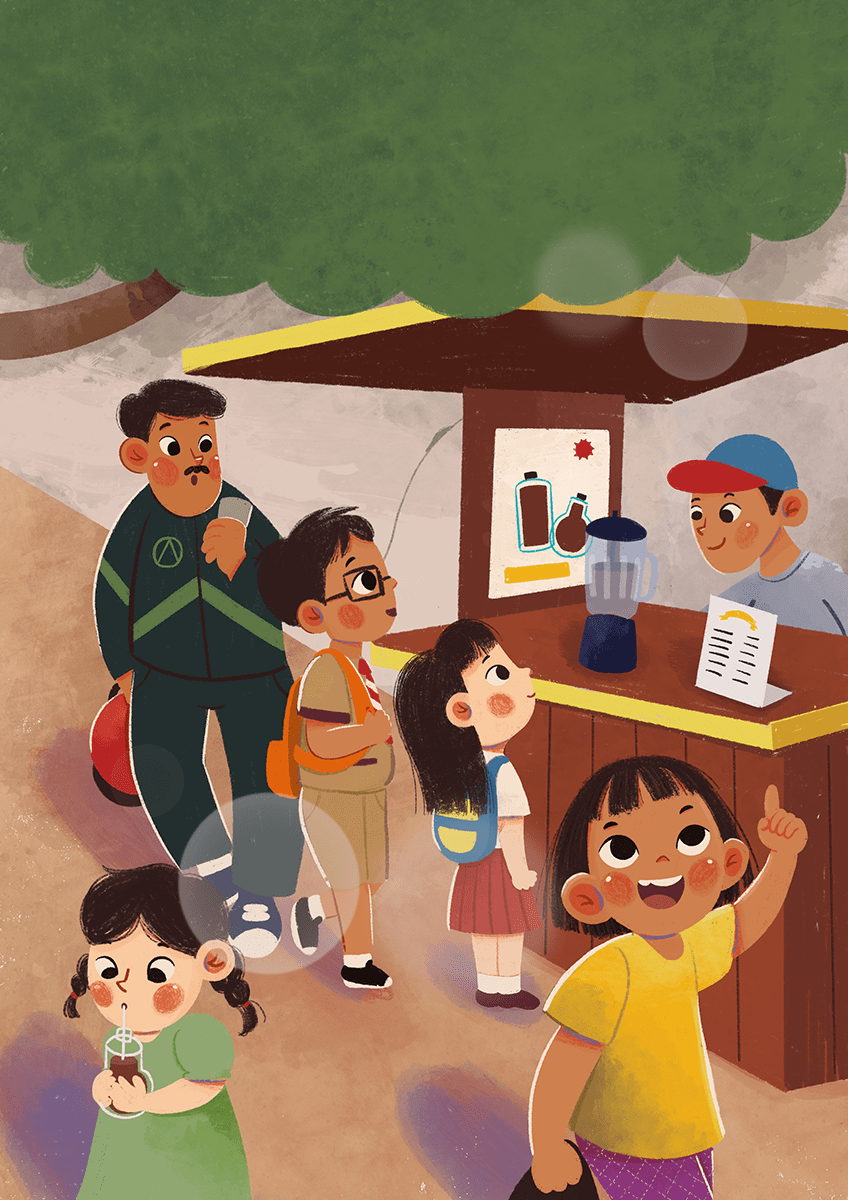 Tinuk sits in her room facing the open window.Two children in junior high school uniforms ride ...