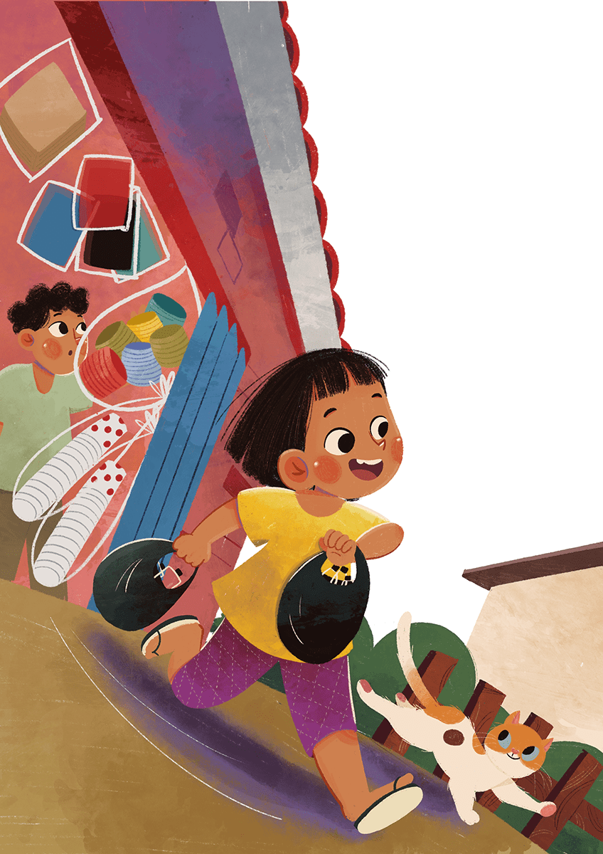 Tinuk sits in her room facing the open window.Two children in junior high school uniforms ride ...