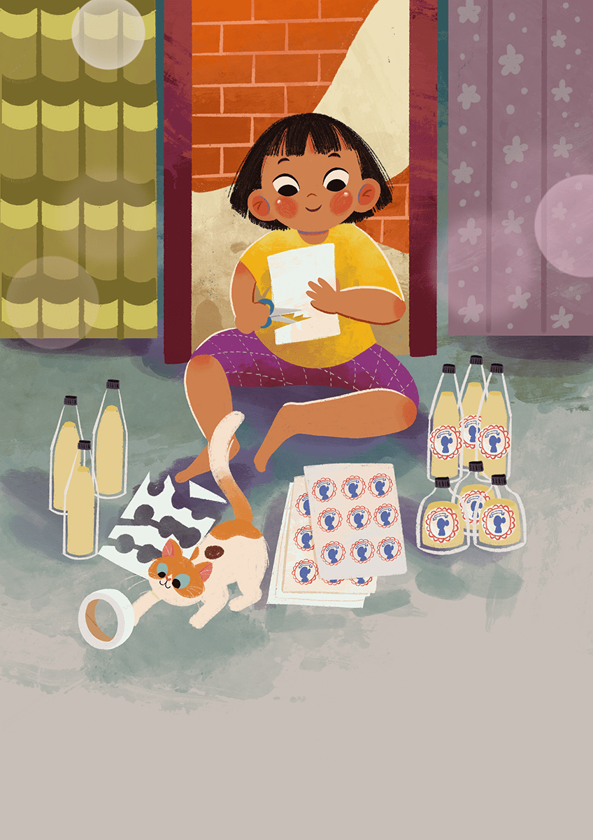 Tinuk sits in her room facing the open window.Two children in junior high school uniforms ride ...