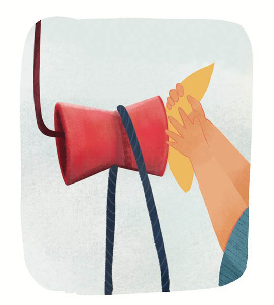 A girl (Kiara) standing on the porch of the tree house. Her hands ...