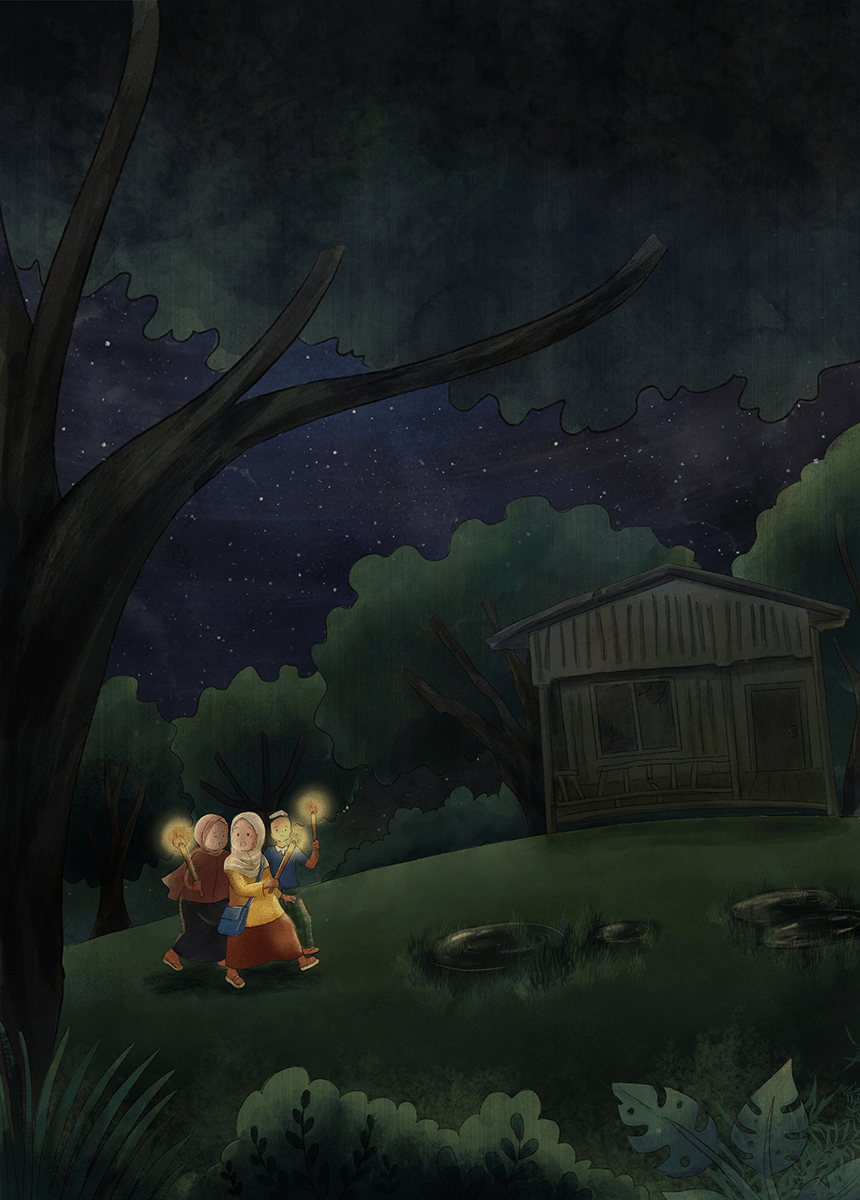 Nora and her friends walk while each holding a torch. Nora laughs, but ...