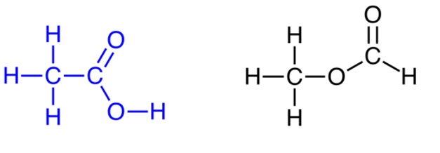 Isomers of C 2 H 4 O 2. Two Lewis structures.On the left, in blue font ...