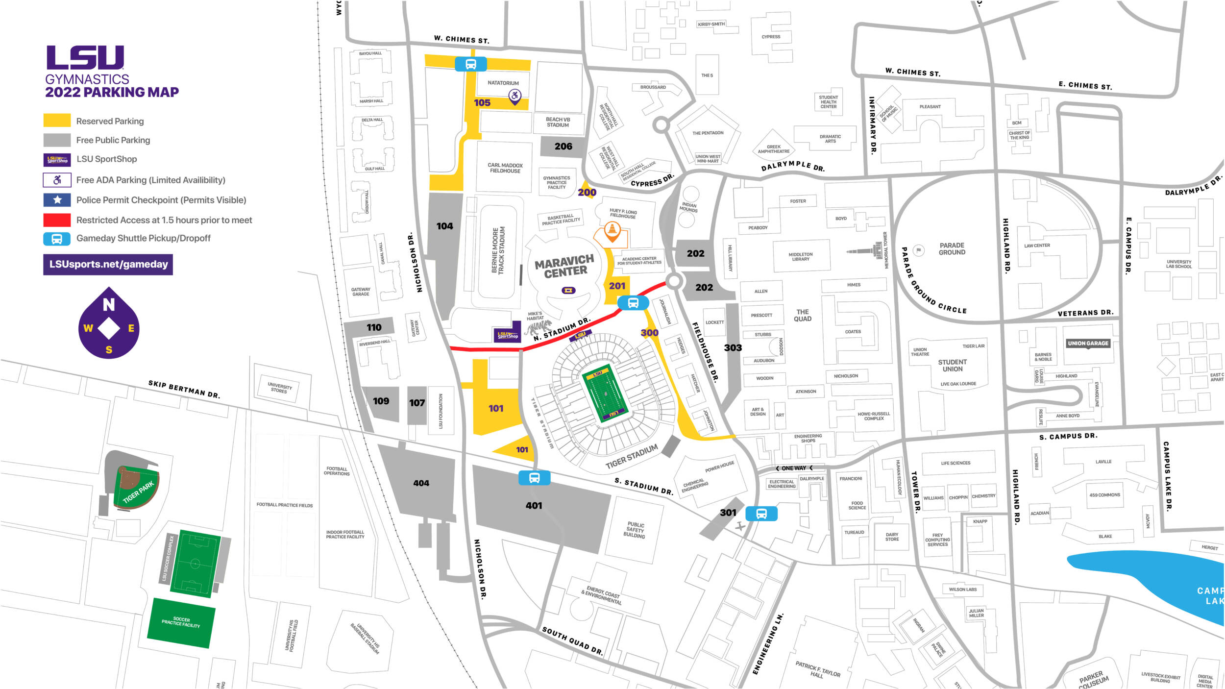 LSU Gymnastics Parking & Shuttle Map