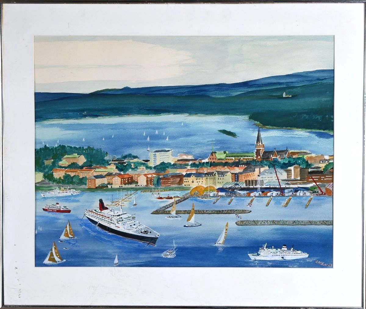 Carl Michael Ström, Akvarell, Luleå Södra Hamn, signerad CM Ström 1983 ...