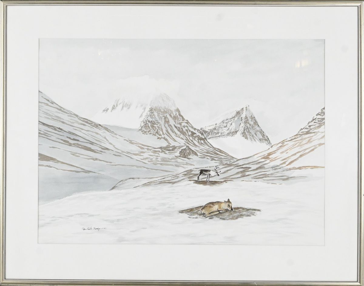 Per-Erik Marsja, akvarell, ren med kalv i fjällandskap (116205) — Luleå ...