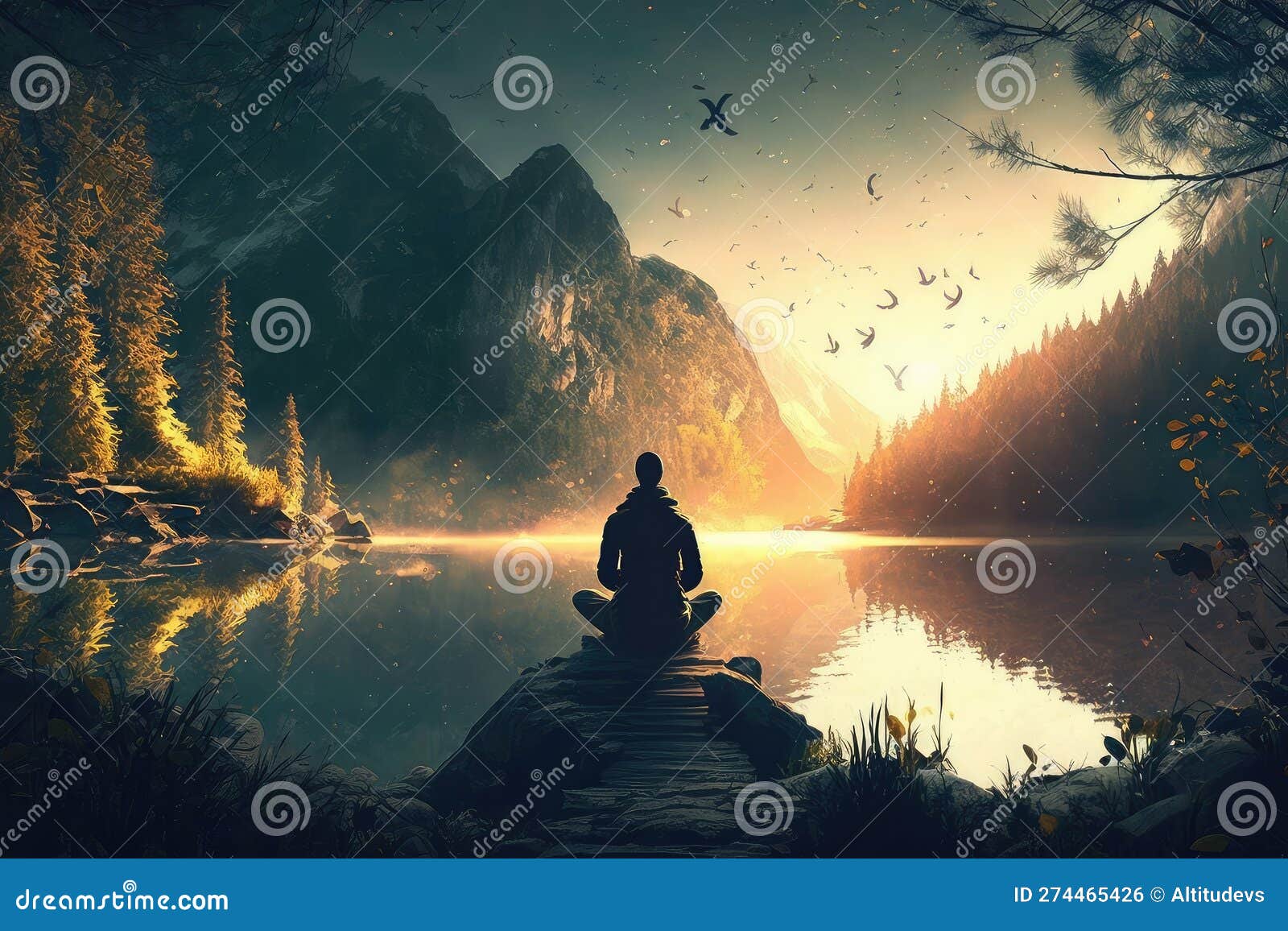 person meditating in a tranquil outdoor setting, symbolizing peace and ...