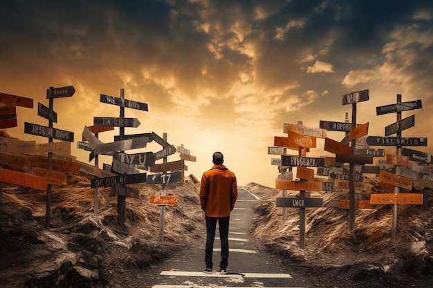 person standing at a crossroads with signposts pointing in different ...