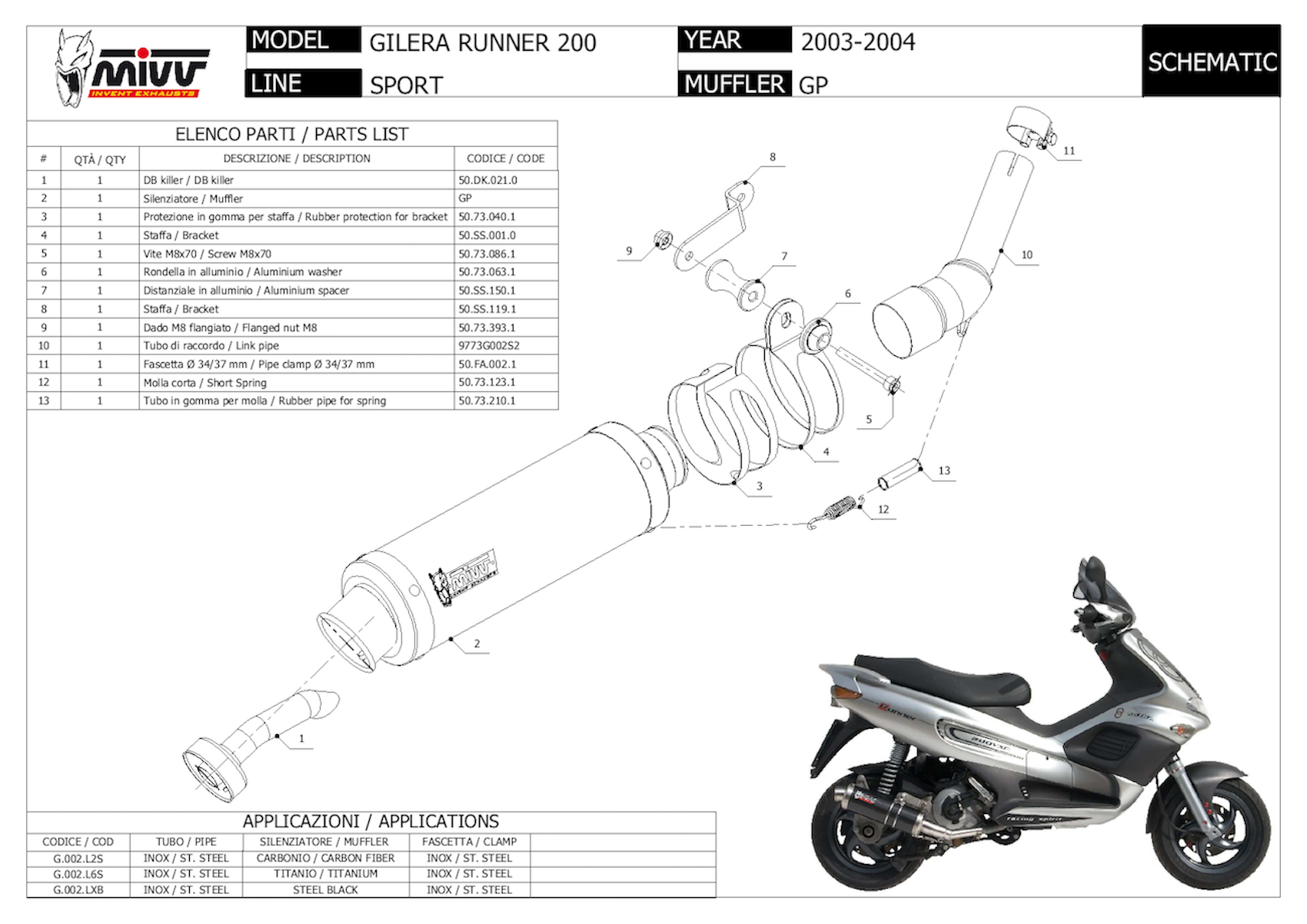 G.002.LXB - Silencer Exhaust Mivv GP Steel Black Gilera Runner 200 03 ...
